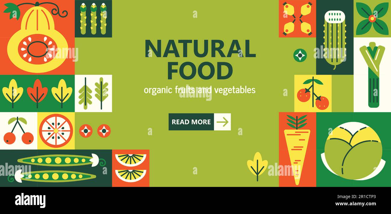 Healthy food products geometric mosaic. Organic fruits and vegetables ...