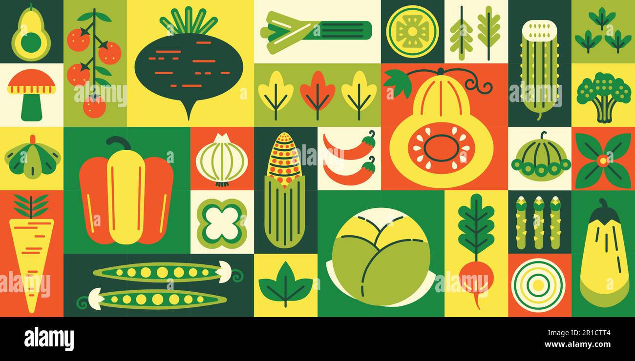 Geometric vegetable mosaic. Healthy food market, grocery products and ...