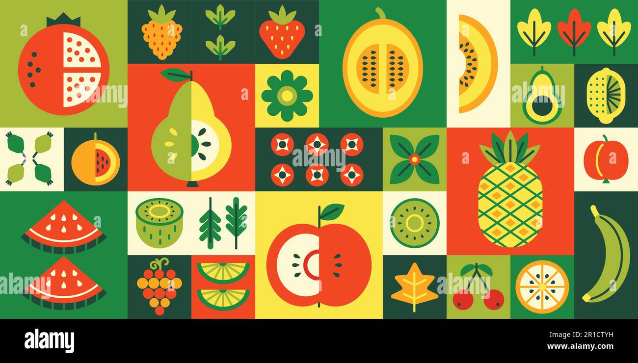 Geometric fruit mosaic. Healthy diet, fresh juicy fruits and berries ...