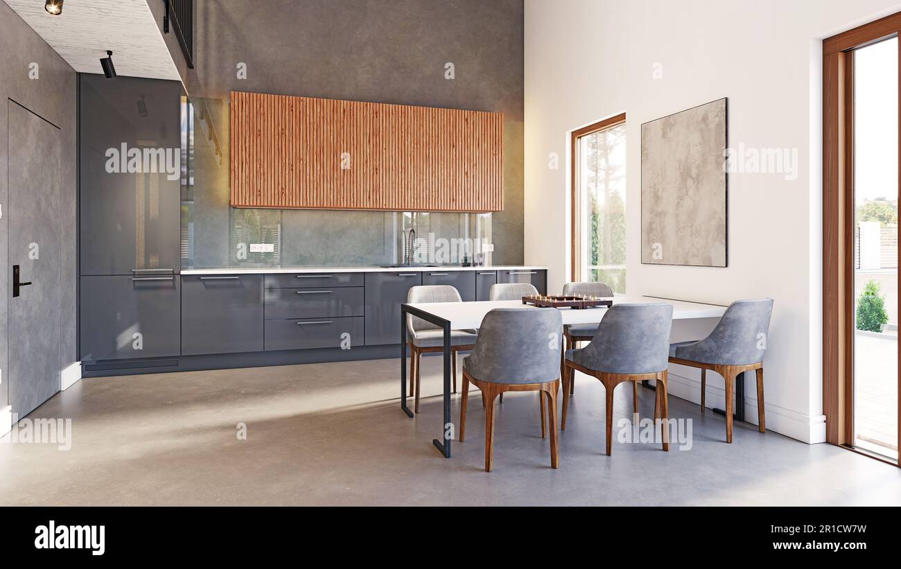 The project of a modern kitchen with a panoramic window Stock Photo - Alamy