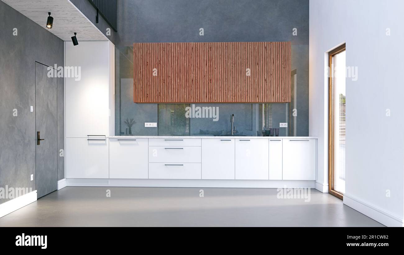 The project of a modern kitchen with a panoramic window Stock Photo - Alamy