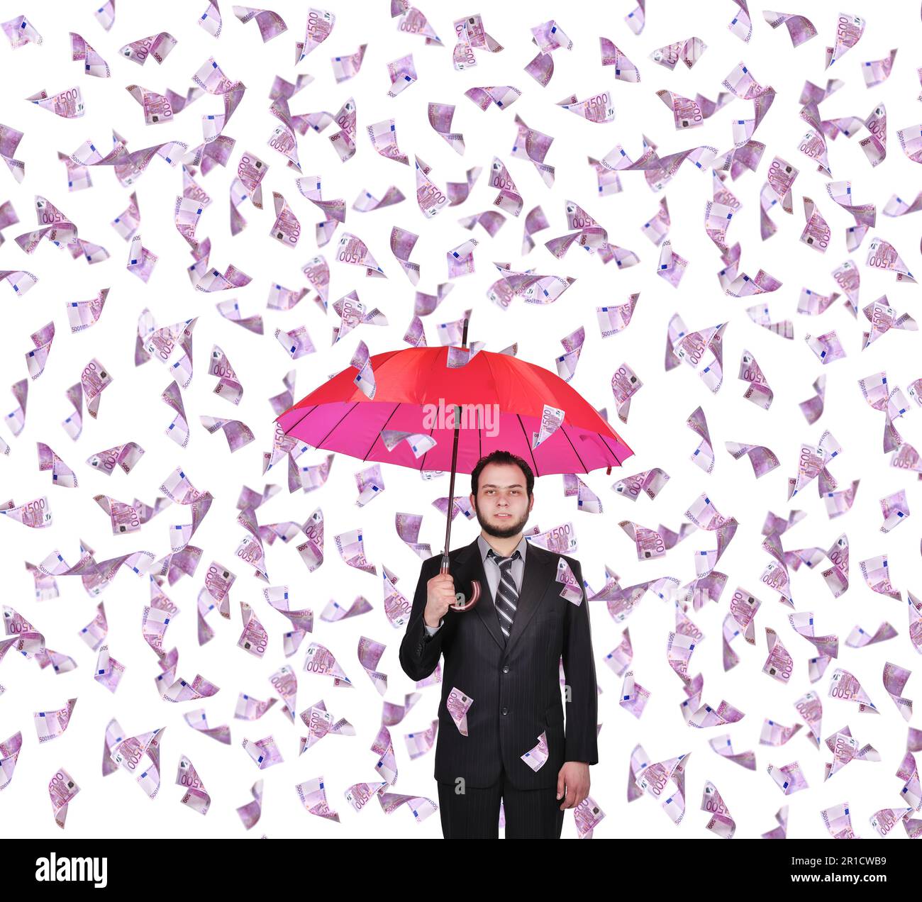 businessman with umbrella and falling 500 euro banknote Stock Photo - Alamy