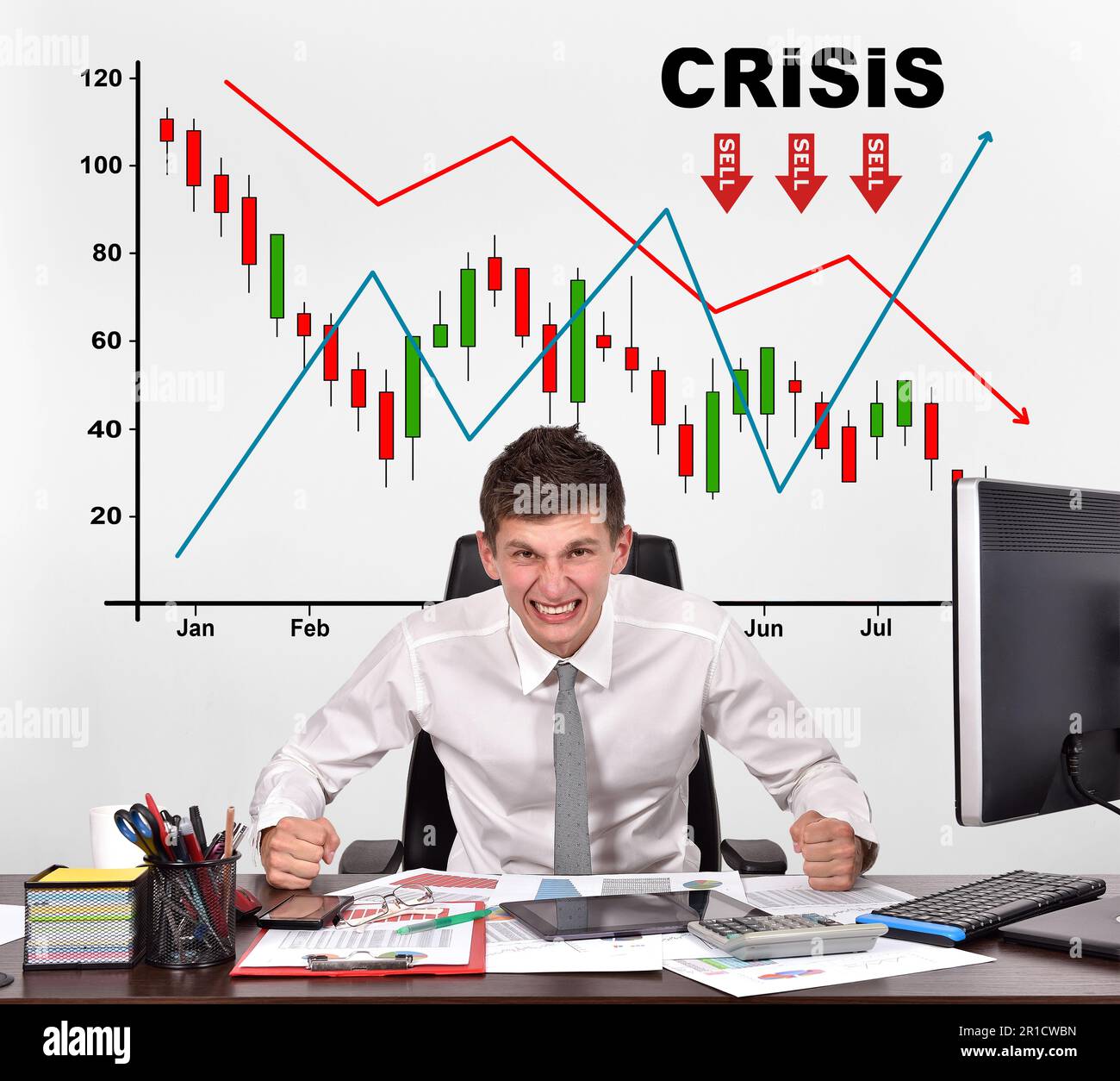 angry businessman and drawing crisis chart on wall Stock Photo - Alamy