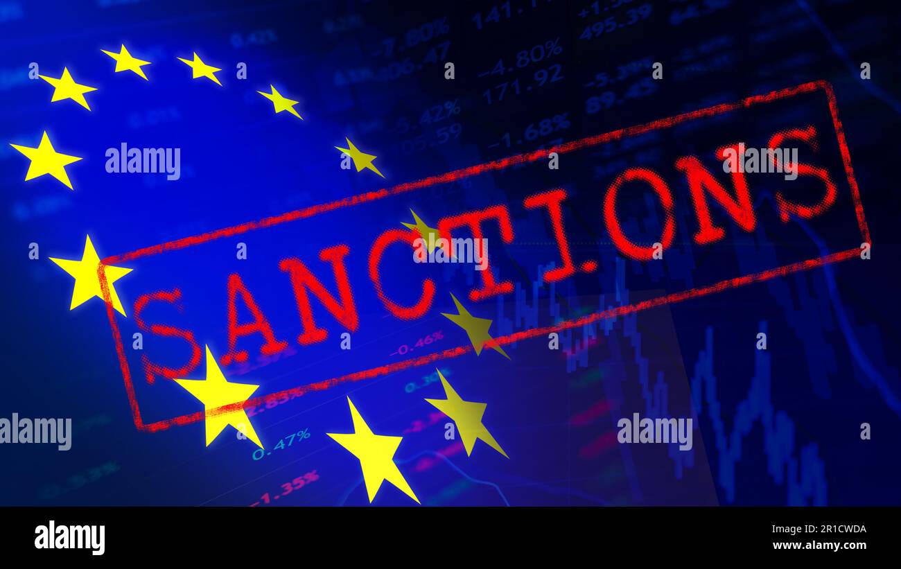 The inscription SANCTIONS on the background of the flag of the European ...