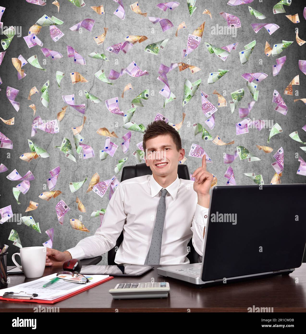 businessman showing finger up and falling dollars banknote Stock Photo ...