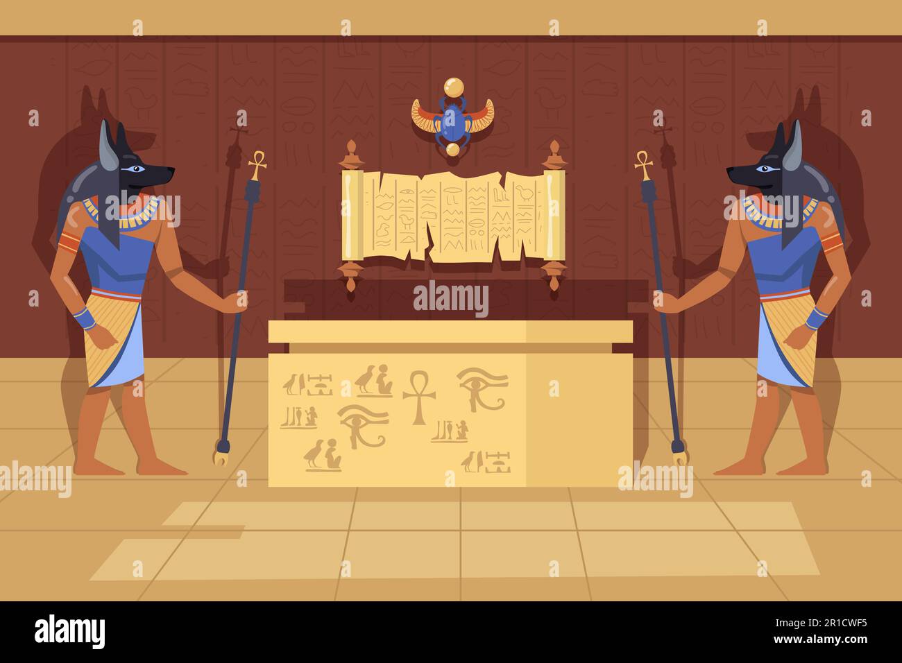 Two Anubis deities with ankh walking canes next to mummy case Stock ...