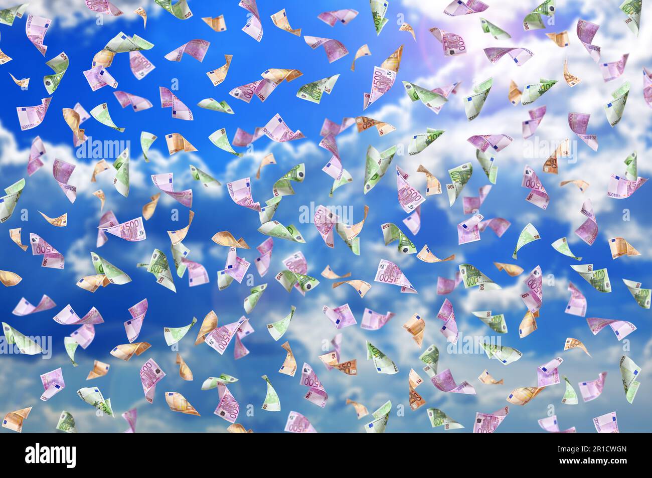 falling many euro banknotes on a sky background Stock Photo - Alamy