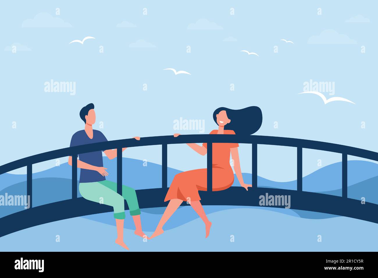 Happy couple sitting on bridge together flat vector illustration Stock ...