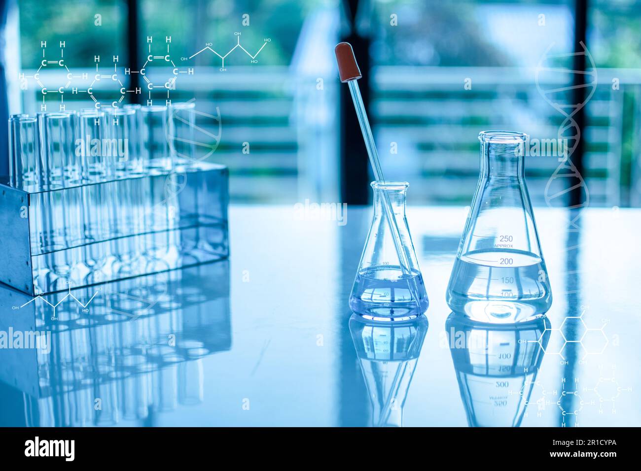 Chemistry experiment concept in science laboratory Two science flasks ...