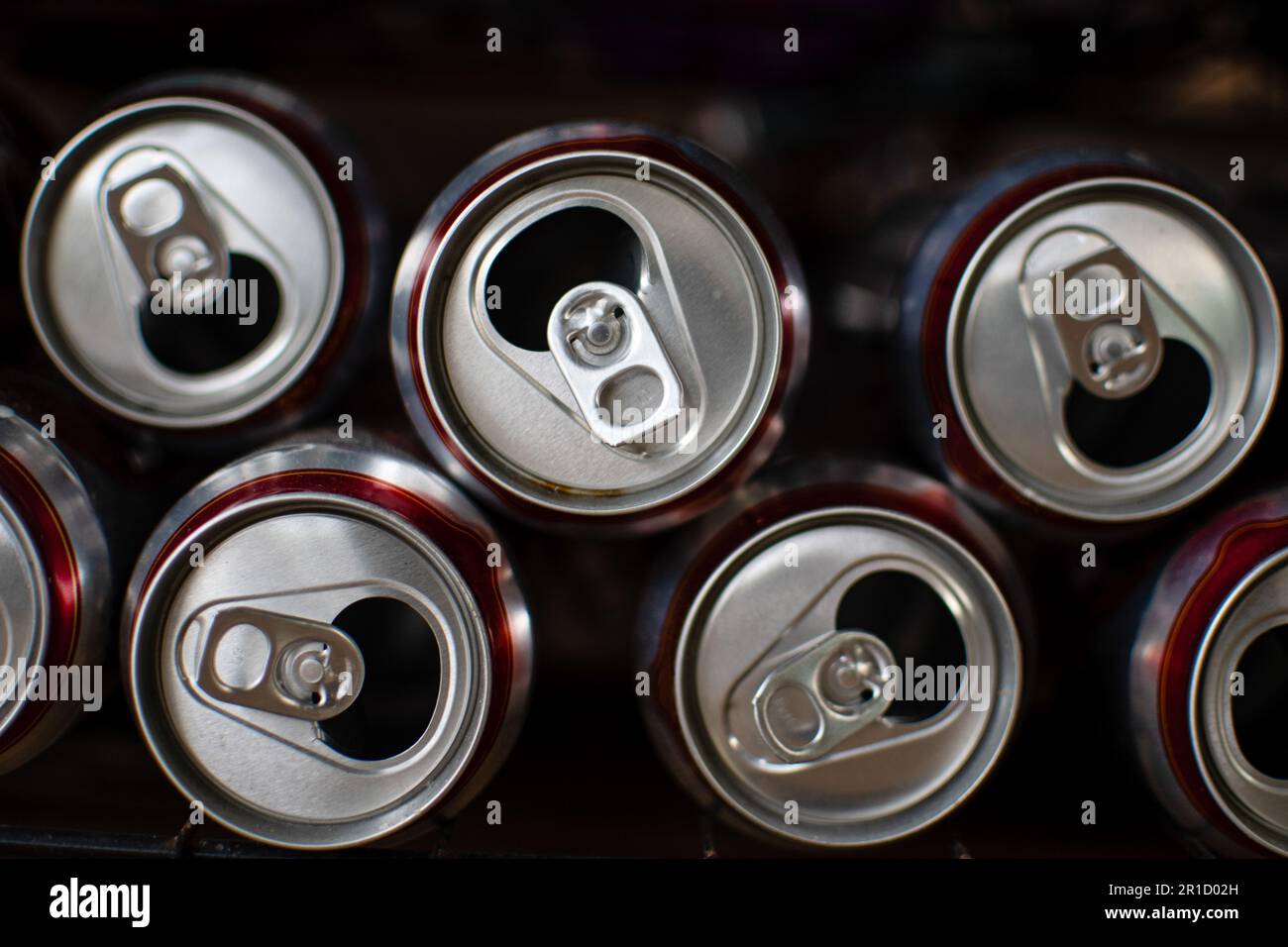 Closeup, Stainless steel beer cans Were opened and then stacked ...