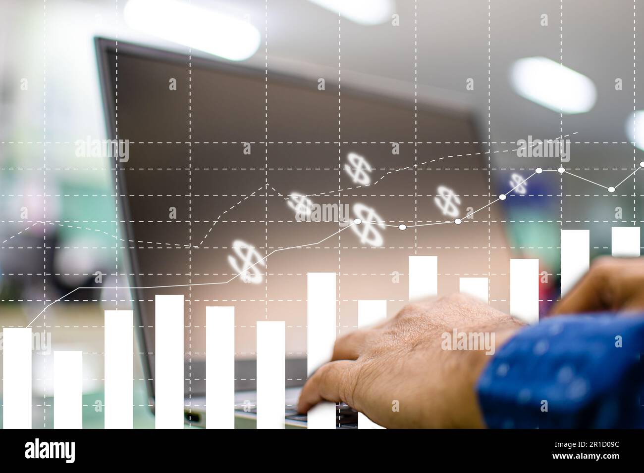 Hand of a businessman typing a notebook keyboard To analyze stock ...