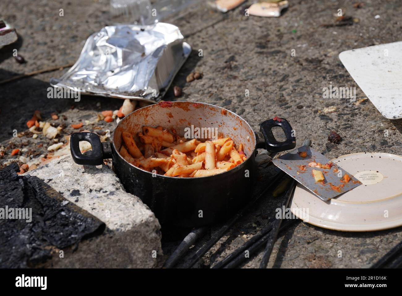 A pot of food left in the remains of a camp in Sandwith Street, Dublin ...