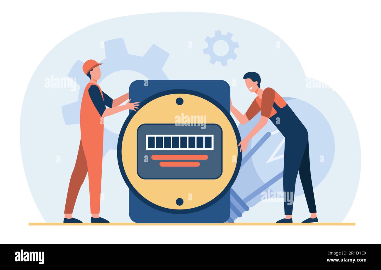 Cartoon tiny electricians holding giant electrical counter Stock Vector ...