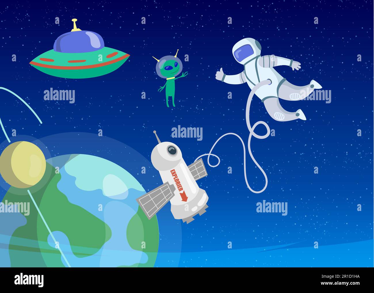 Astronaut greeting little alien in outer space Stock Vector Image & Art ...