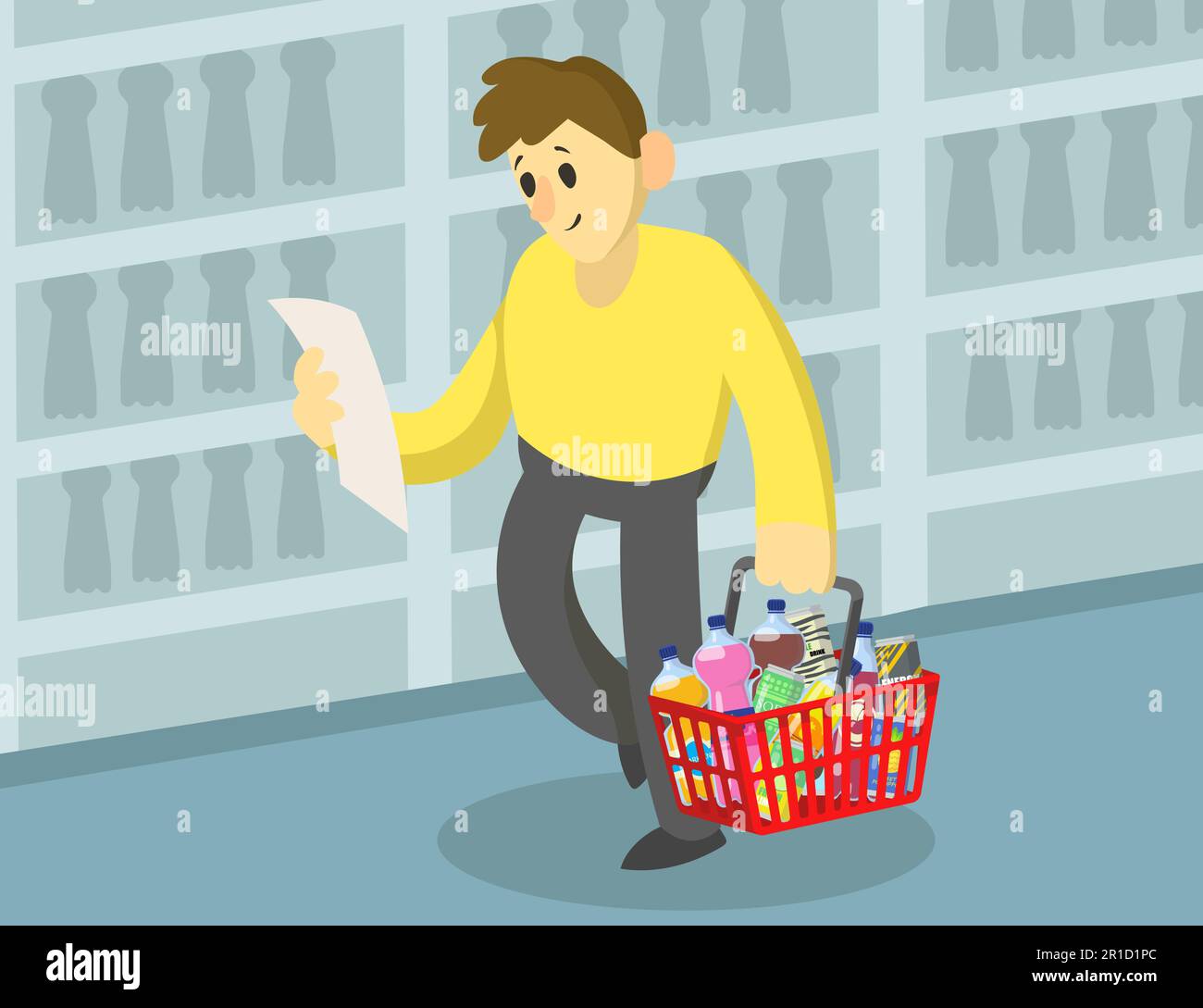 Cartoon man doing grocery shopping with list in supermarket Stock ... Cartoon man doing grocery shopping with list in supermarket Stock ...
