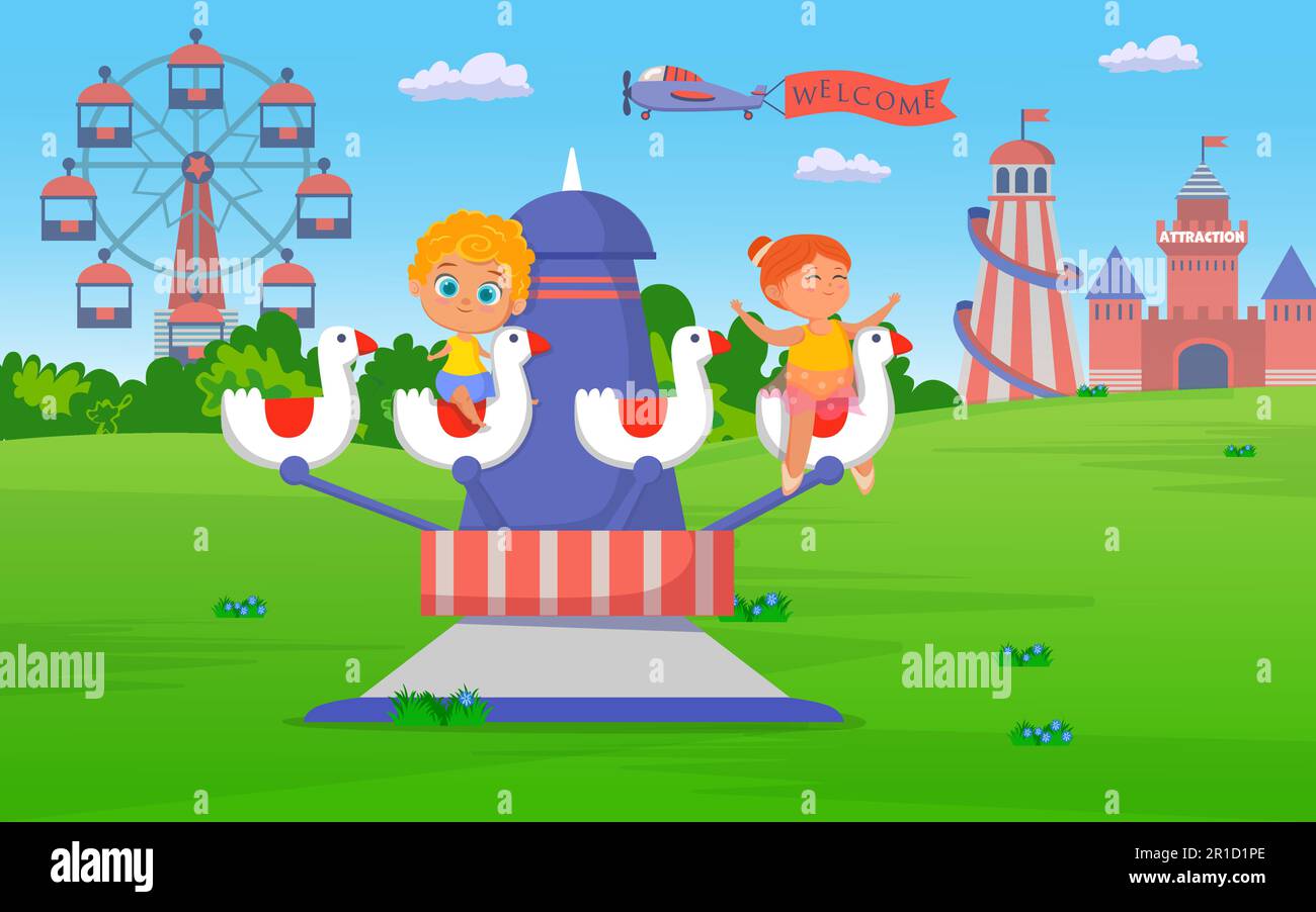 Children riding attraction in amusement park illustration Stock Vector ...