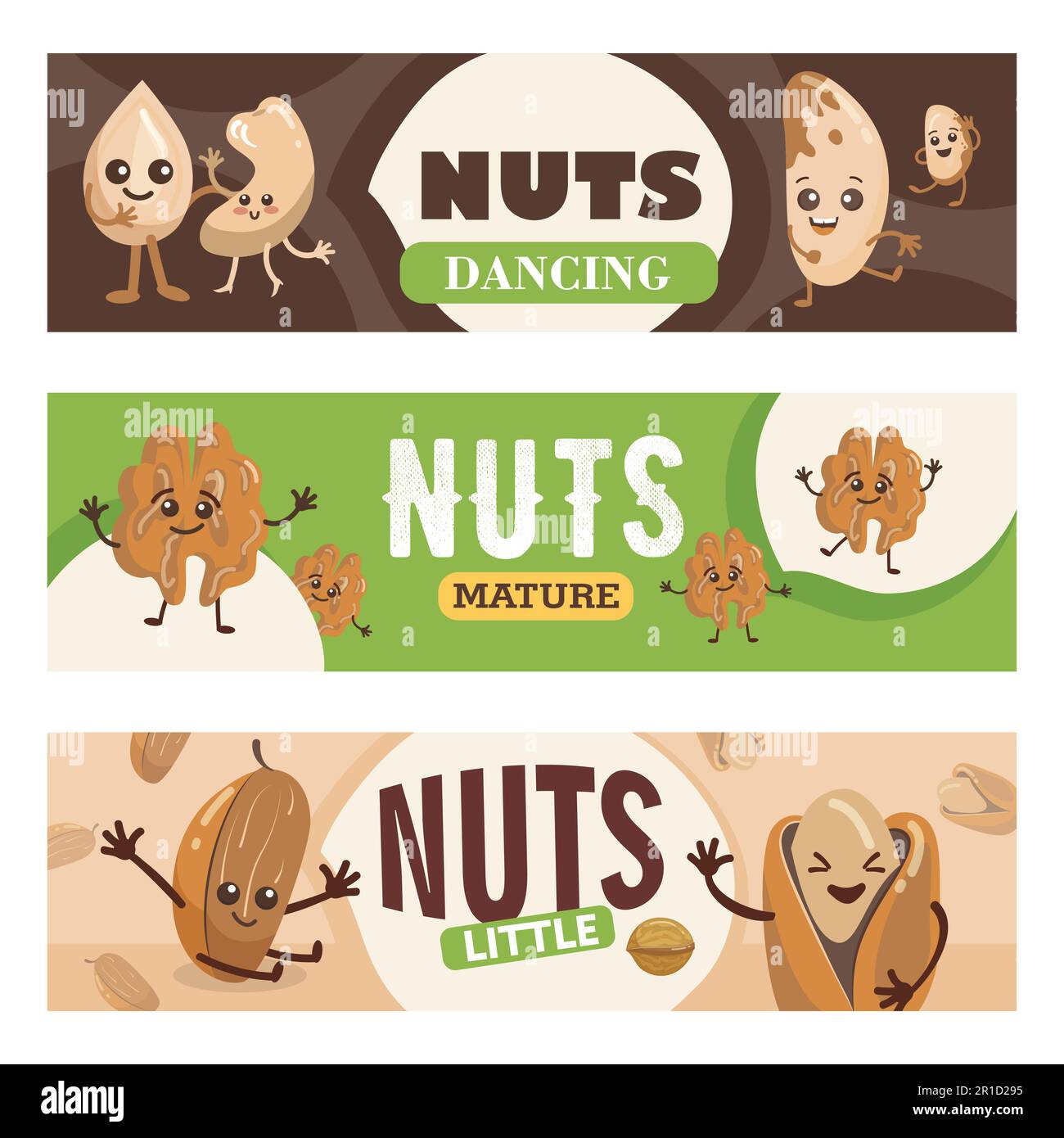 Playful nuts characters banners set of cartoon vector illustrations ...
