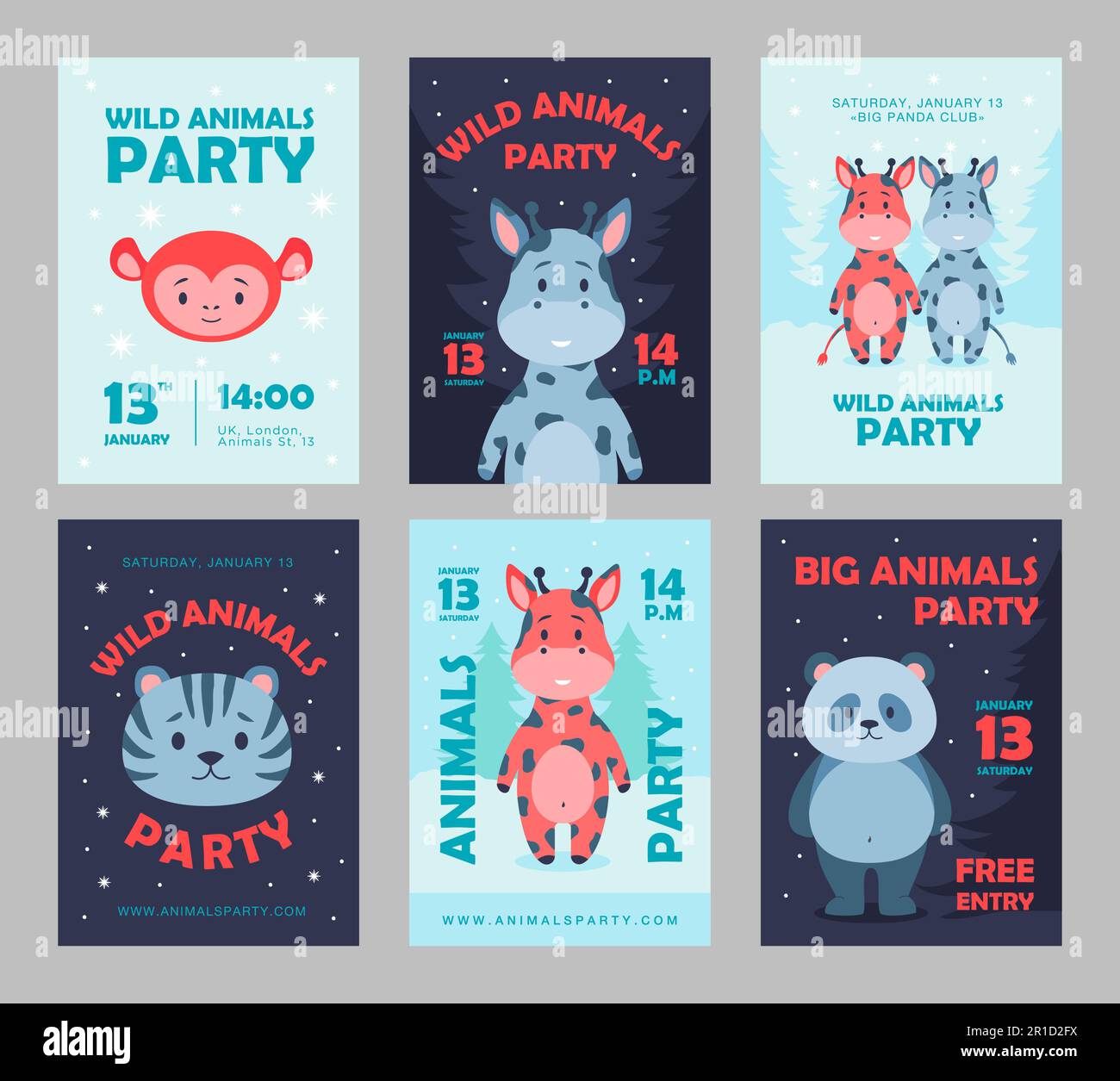 Wild animal party posters set cartoon vector illustration Stock Vector ...