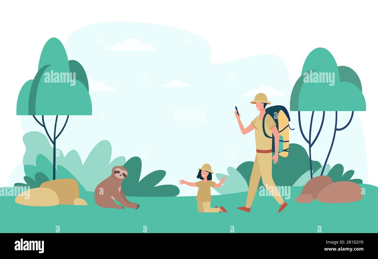 Cartoon man and girl enjoying jungle travelling, watching sloth Stock ...