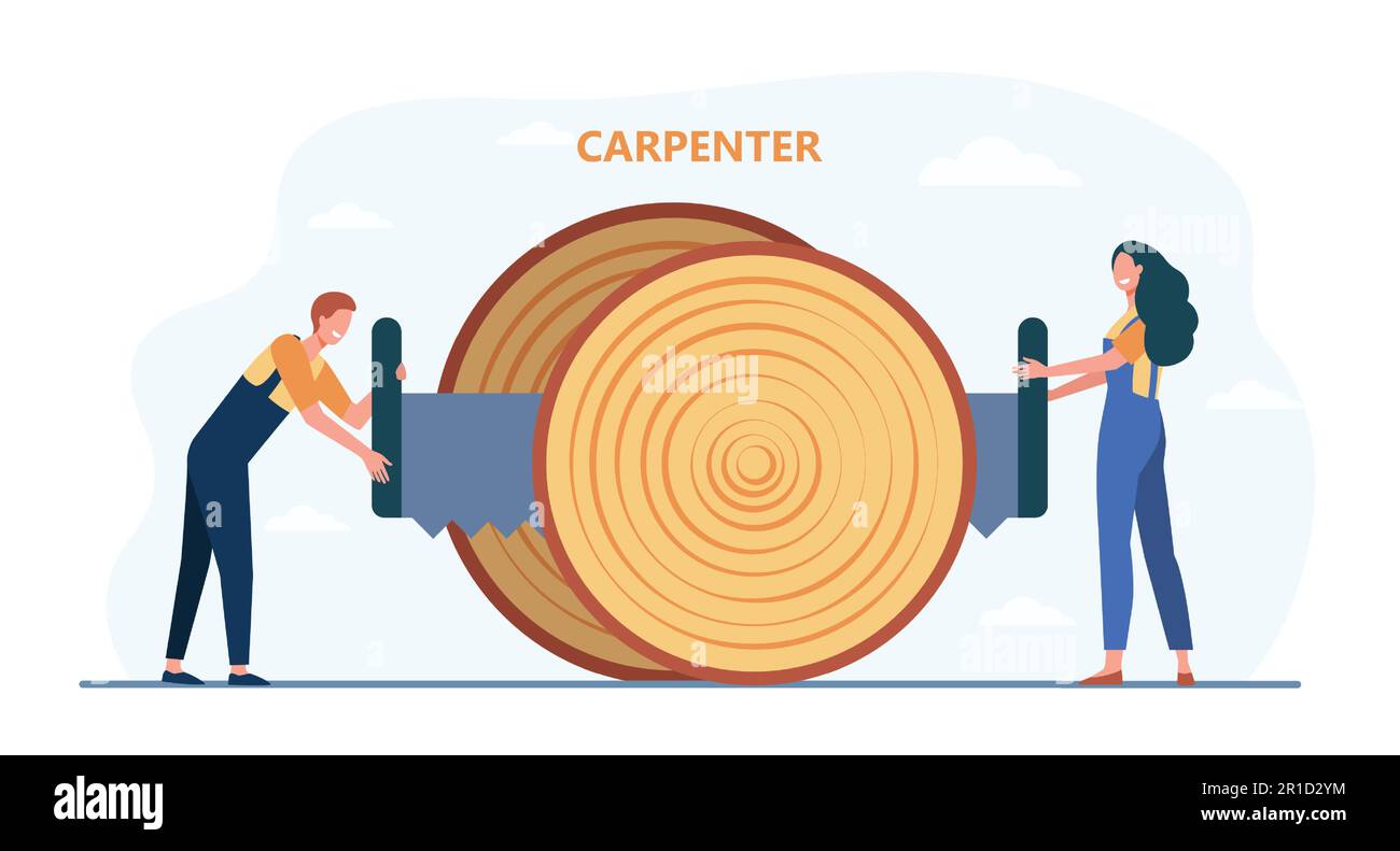 Two cartoon tiny carpenters lumbering giant unbranched trunk Stock ...