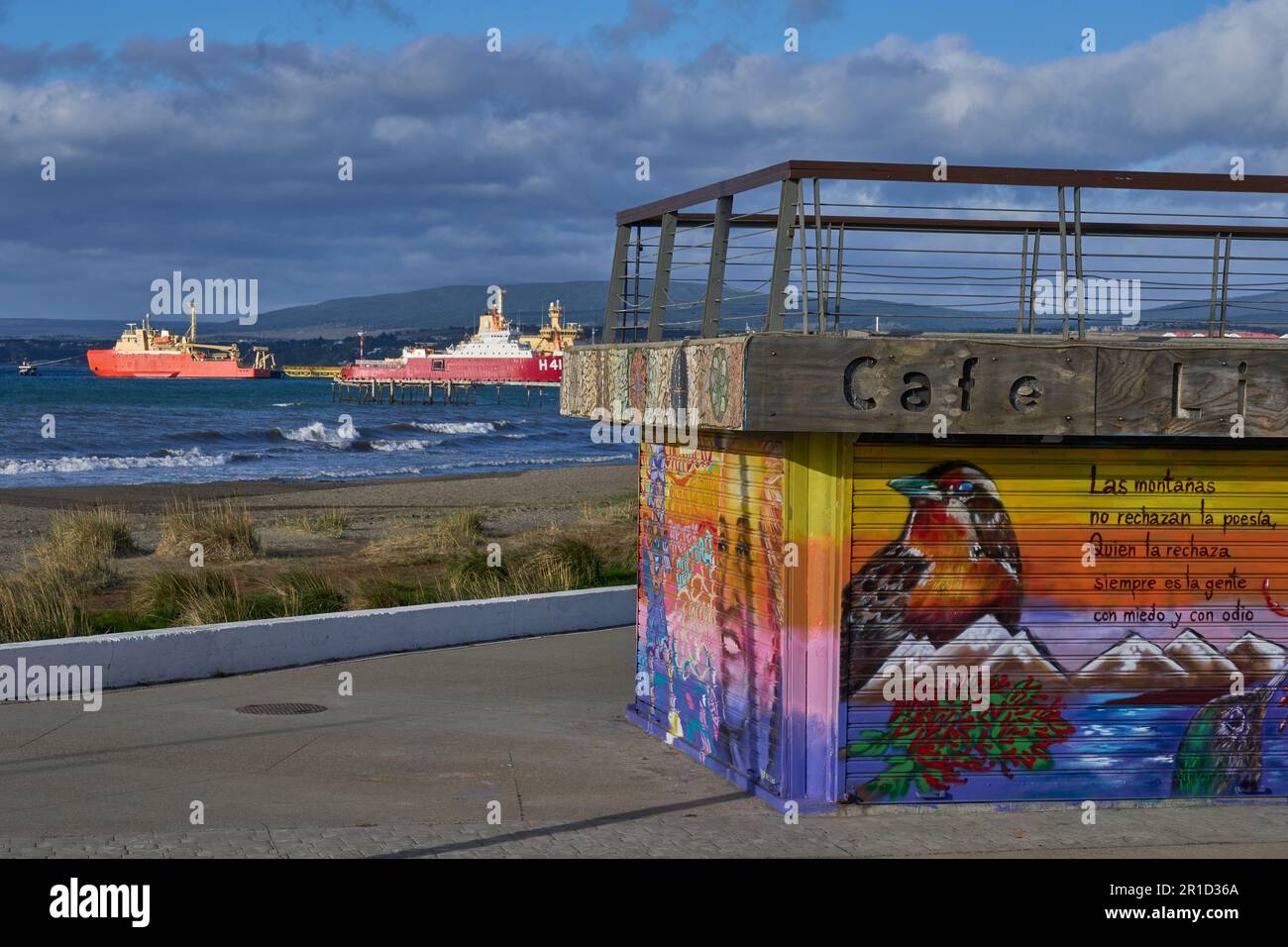 Monuments and artwork along the waterfront of Punta Arenas in southern ...