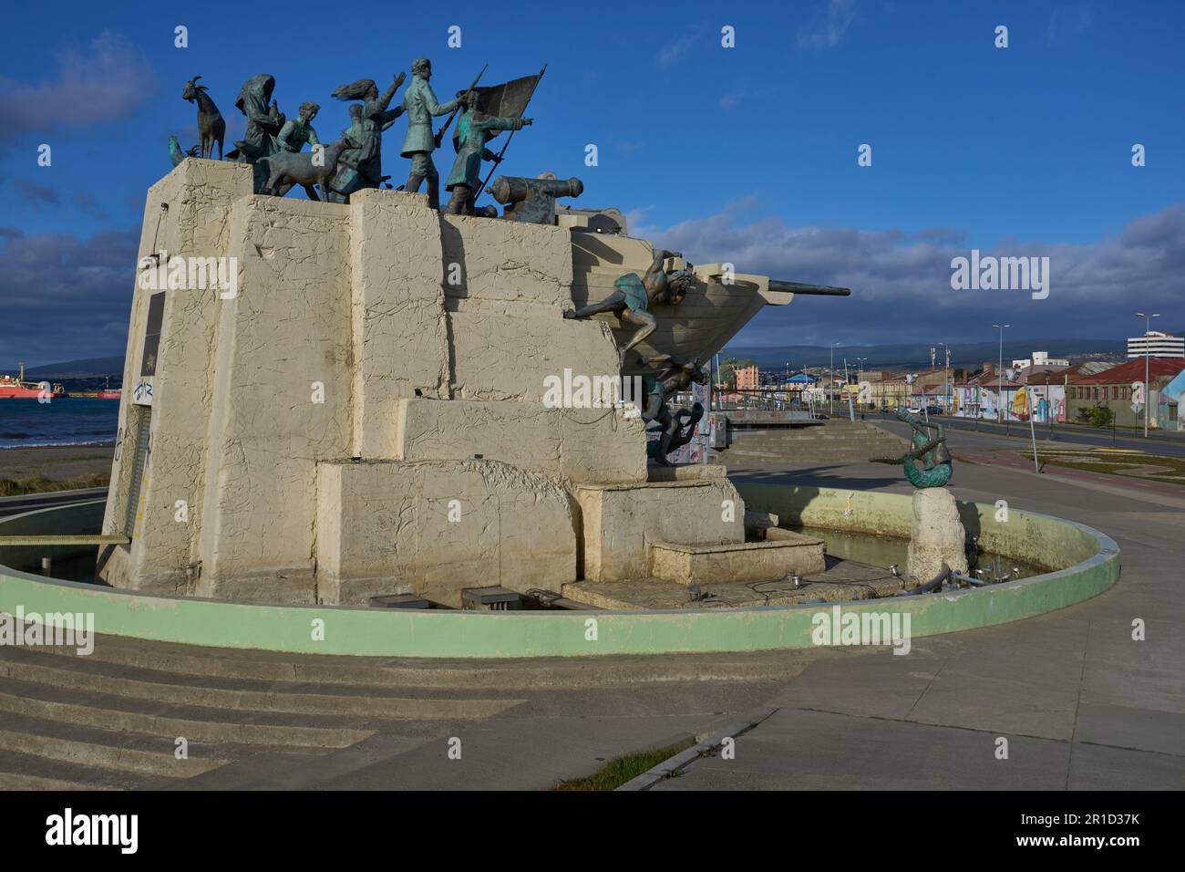 Monuments and artwork along the waterfront of Punta Arenas in southern ...