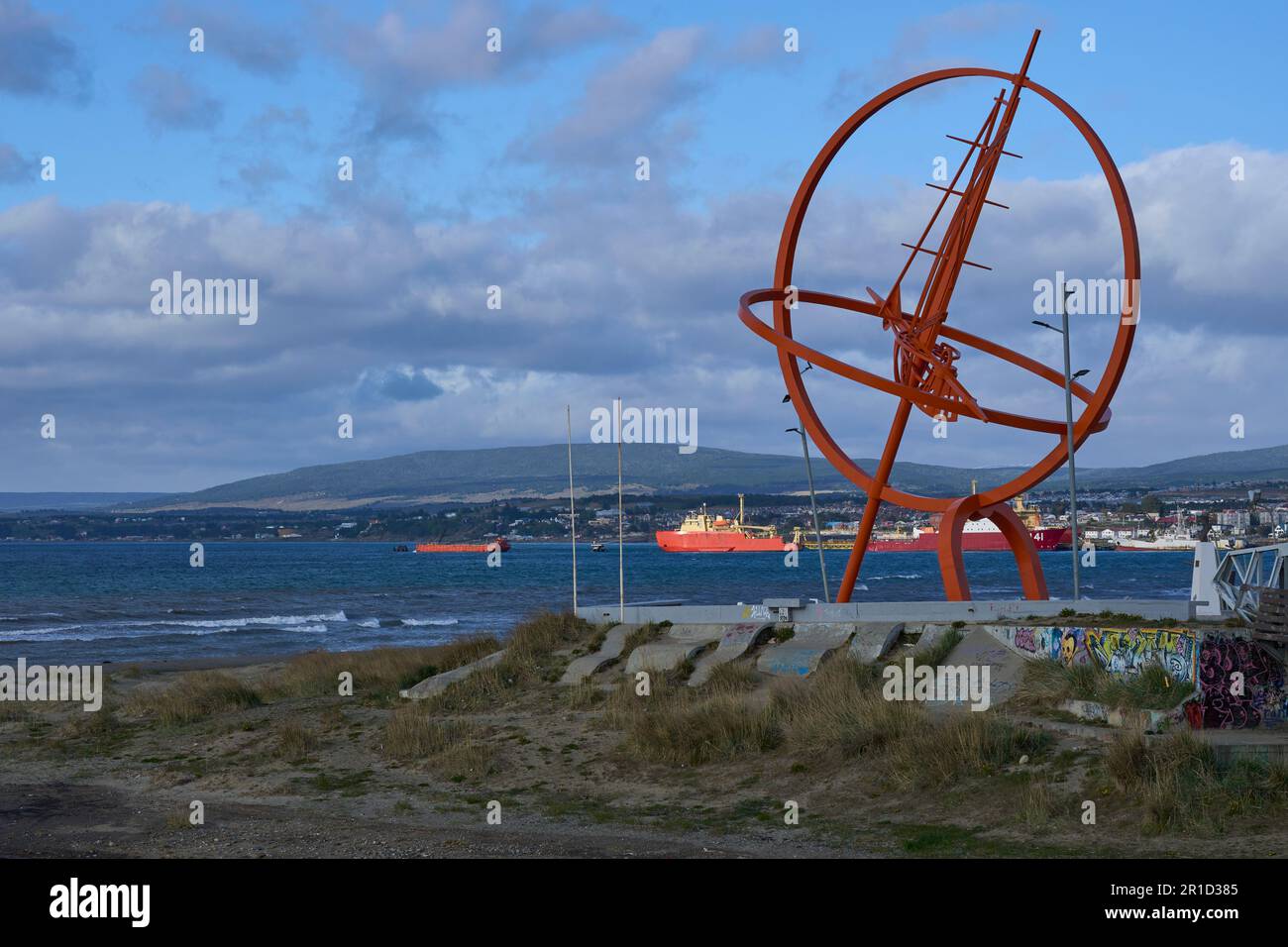 Monuments and artwork along the waterfront of Punta Arenas in southern ...