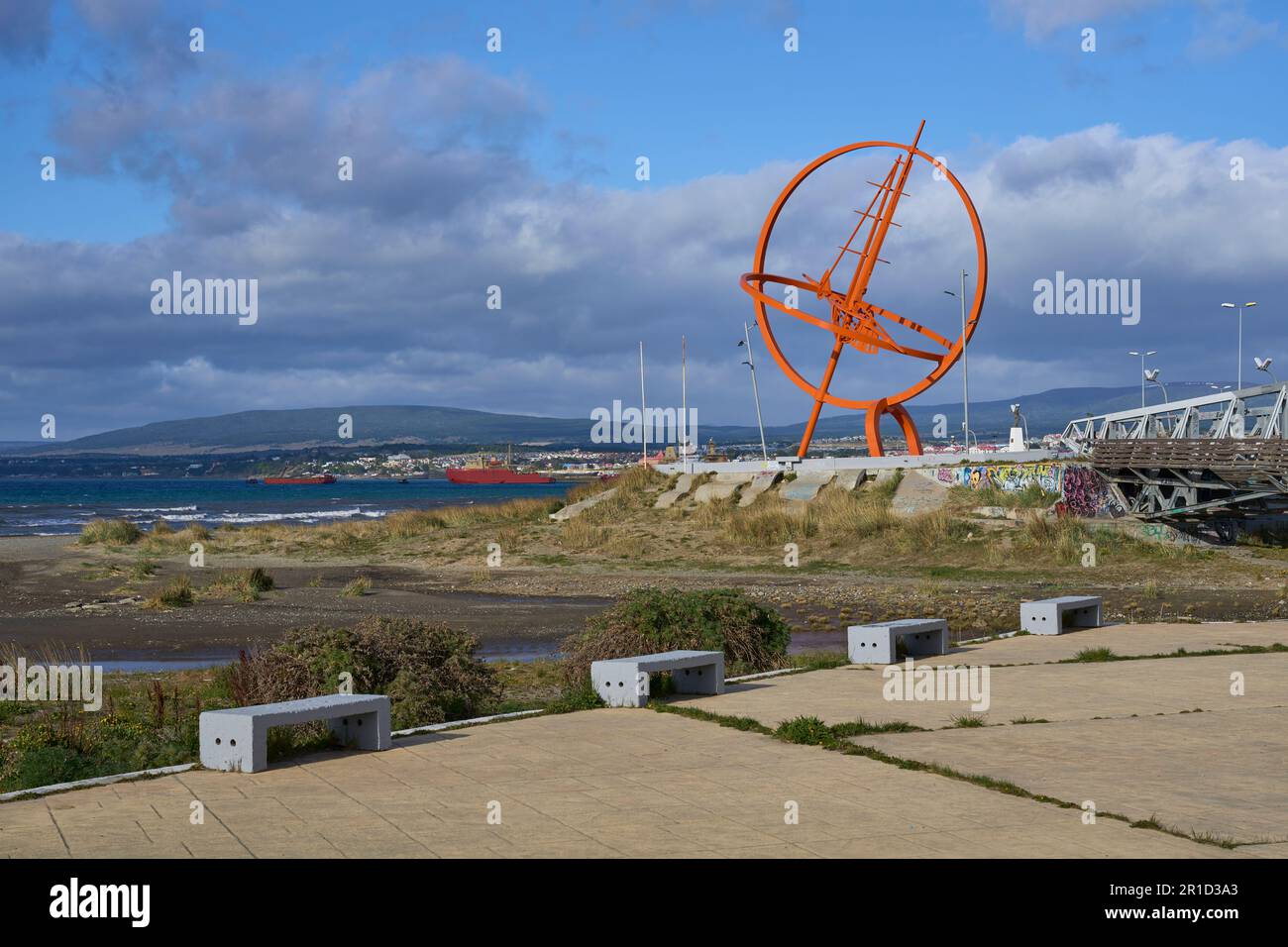 Monuments and artwork along the waterfront of Punta Arenas in southern ...
