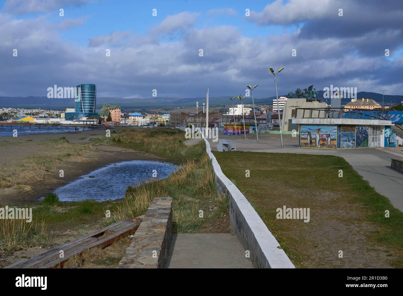 Monuments and artwork along the waterfront of Punta Arenas in southern ...