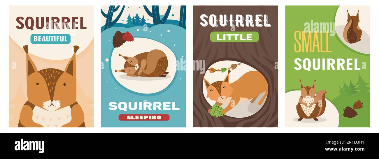 Creative poster collection with cute little cartoon squirrel Stock ...