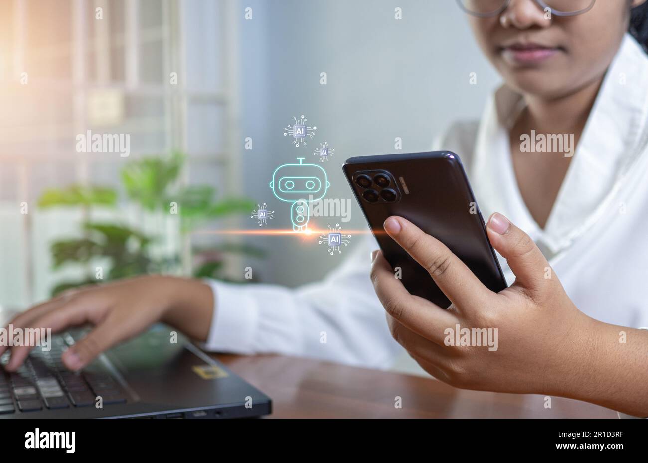 Business woman are working and bringing AI to help them work on ...