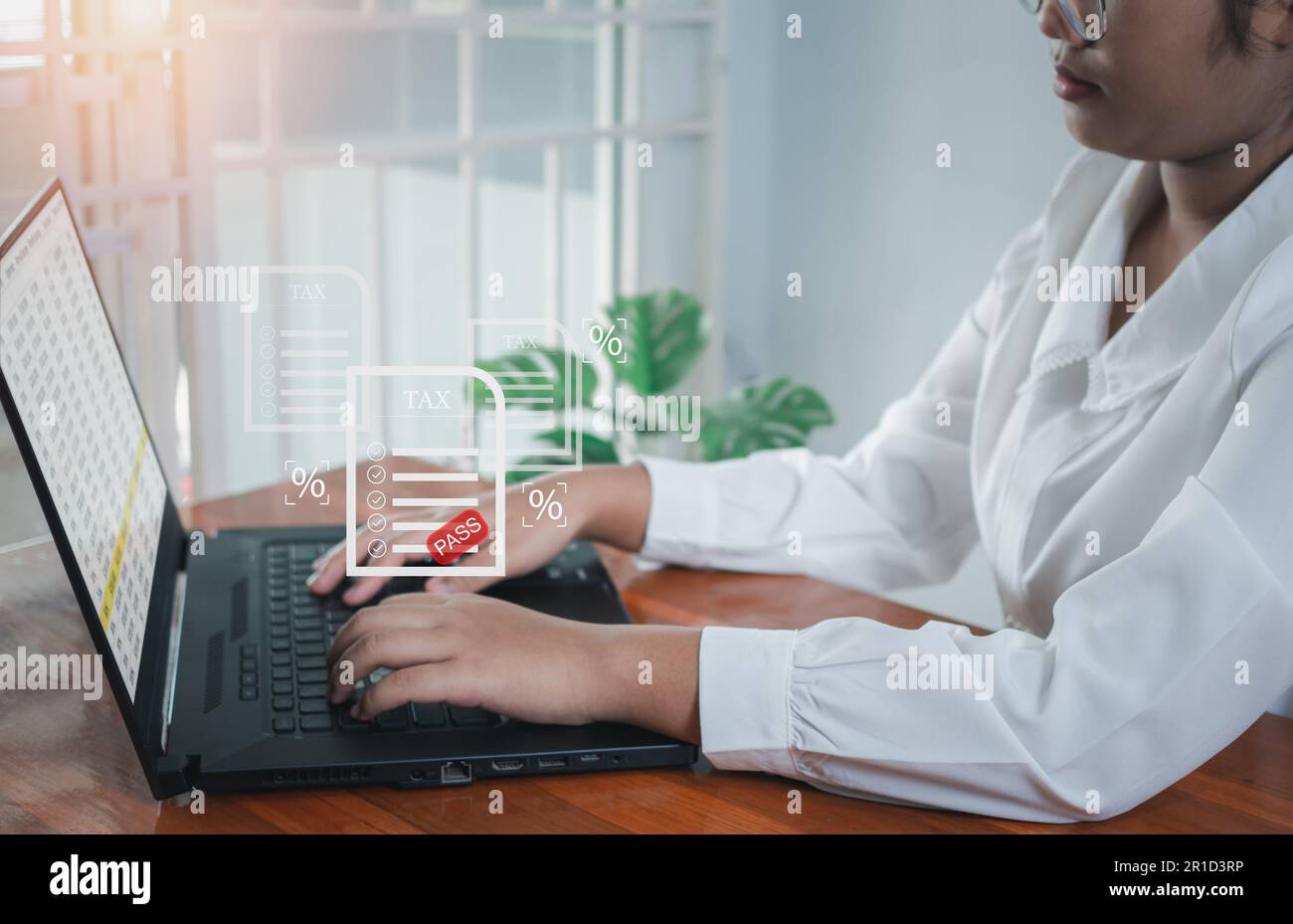 Business woman using a computer to complete Individual income tax ...
