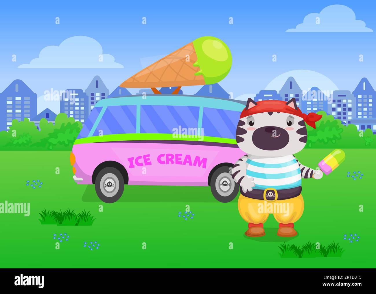 Cute cat in pirate costume selling ice cream in van illustration Stock ...