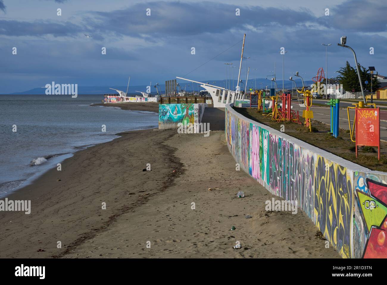 Urban artwork along the waterfront of Punta Arenas in southern Chile ...