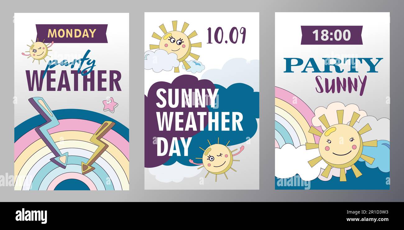 Set of weather invitation cards cartoon vector illustration Stock ...