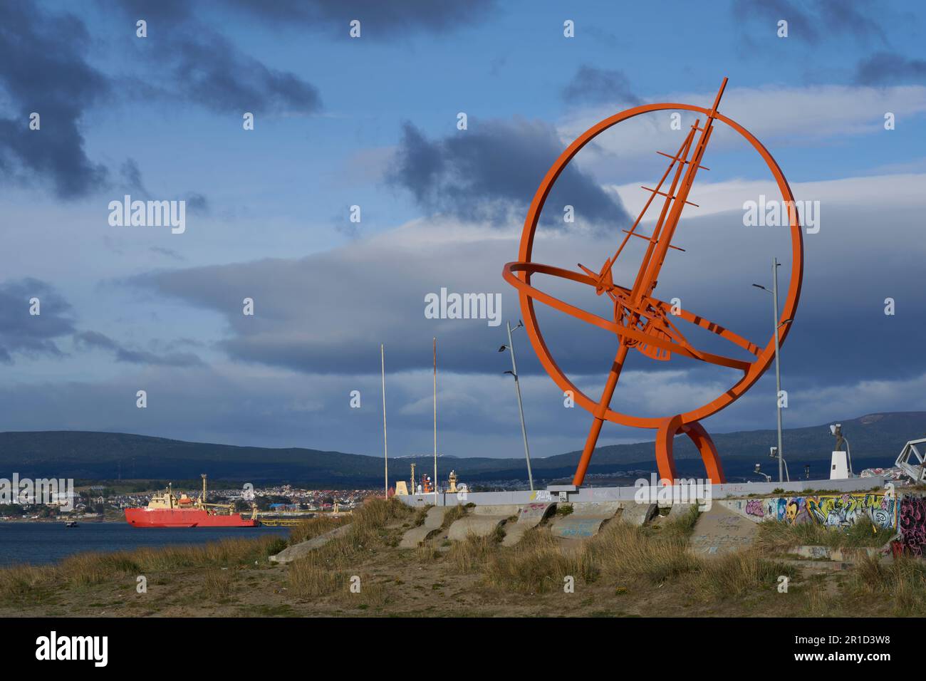 Monuments and artwork along the waterfront of Punta Arenas in southern ...