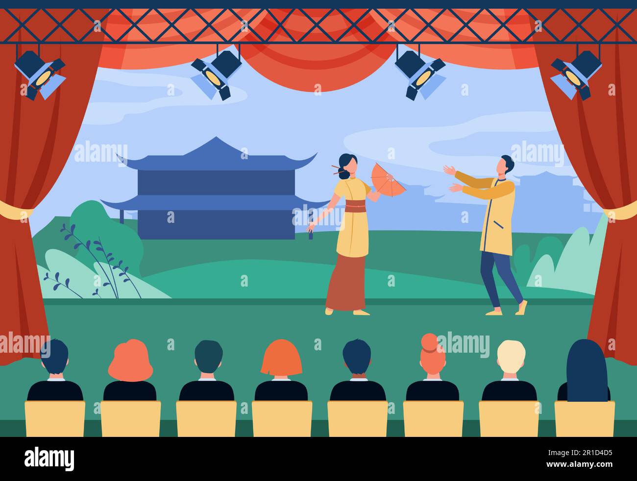 Chinese actors performing theatrical piece on stage Stock Vector Image ...