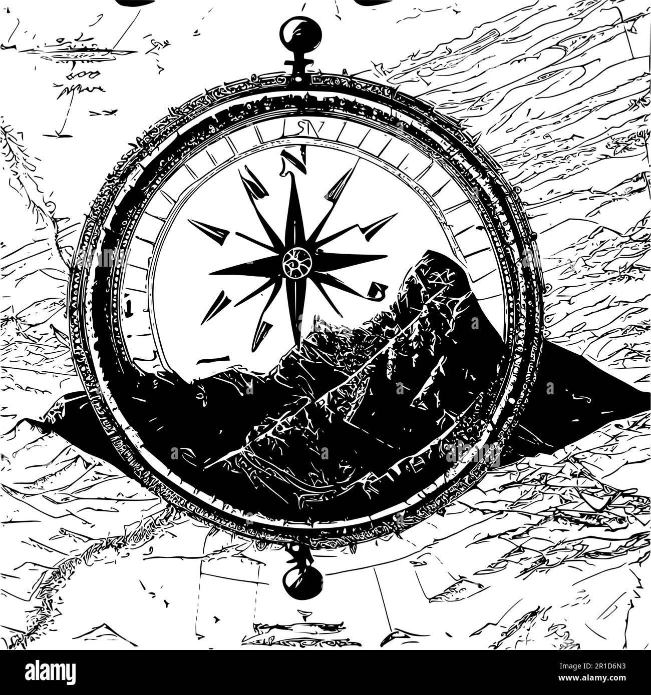 Old map, compass and mountains. Outdoor activity vector background ...