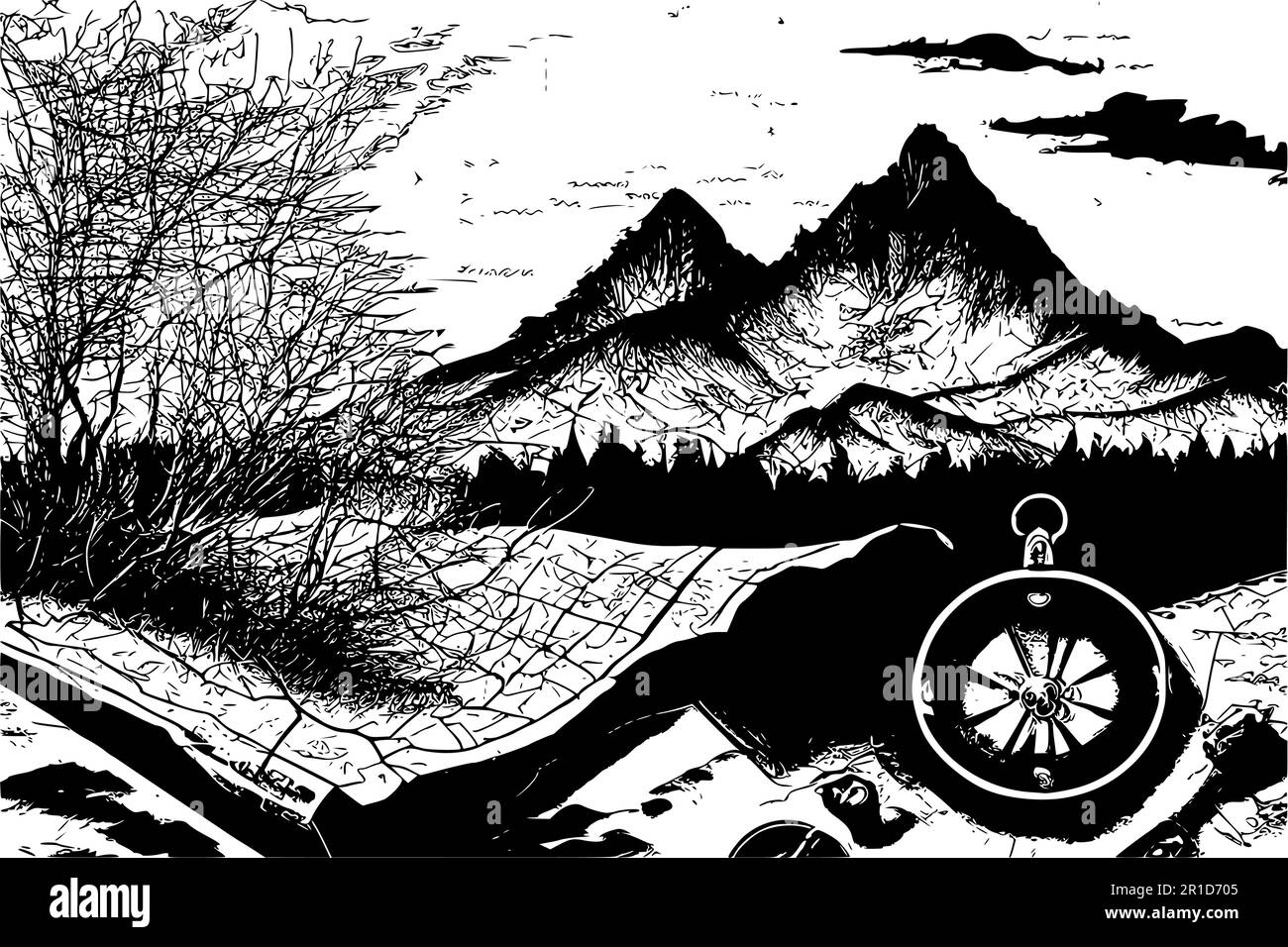 Old map, compass and mountains. Outdoor activity vector background ...