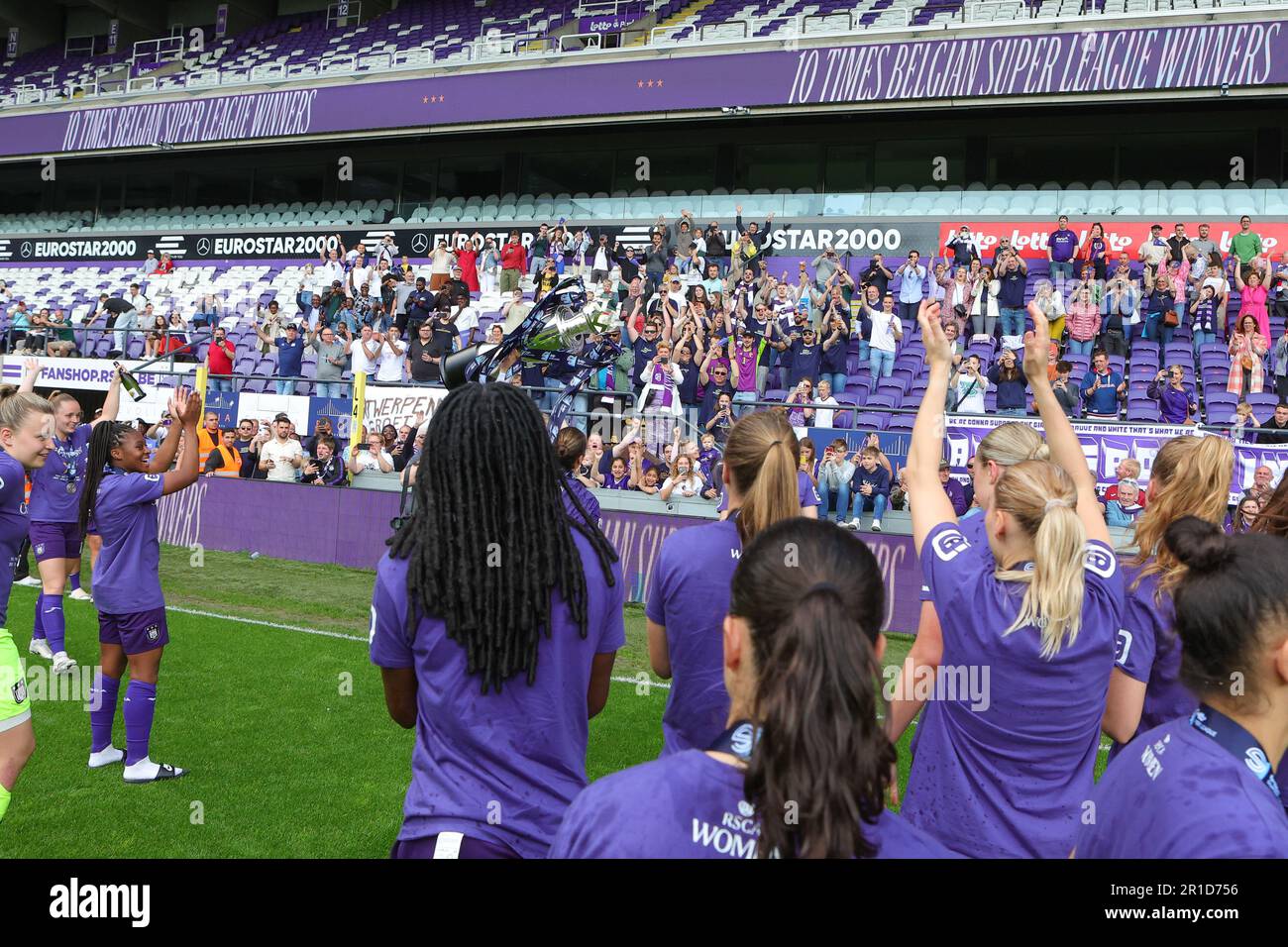 players of Anderlecht pictured celebrating with the fans and supporters ...