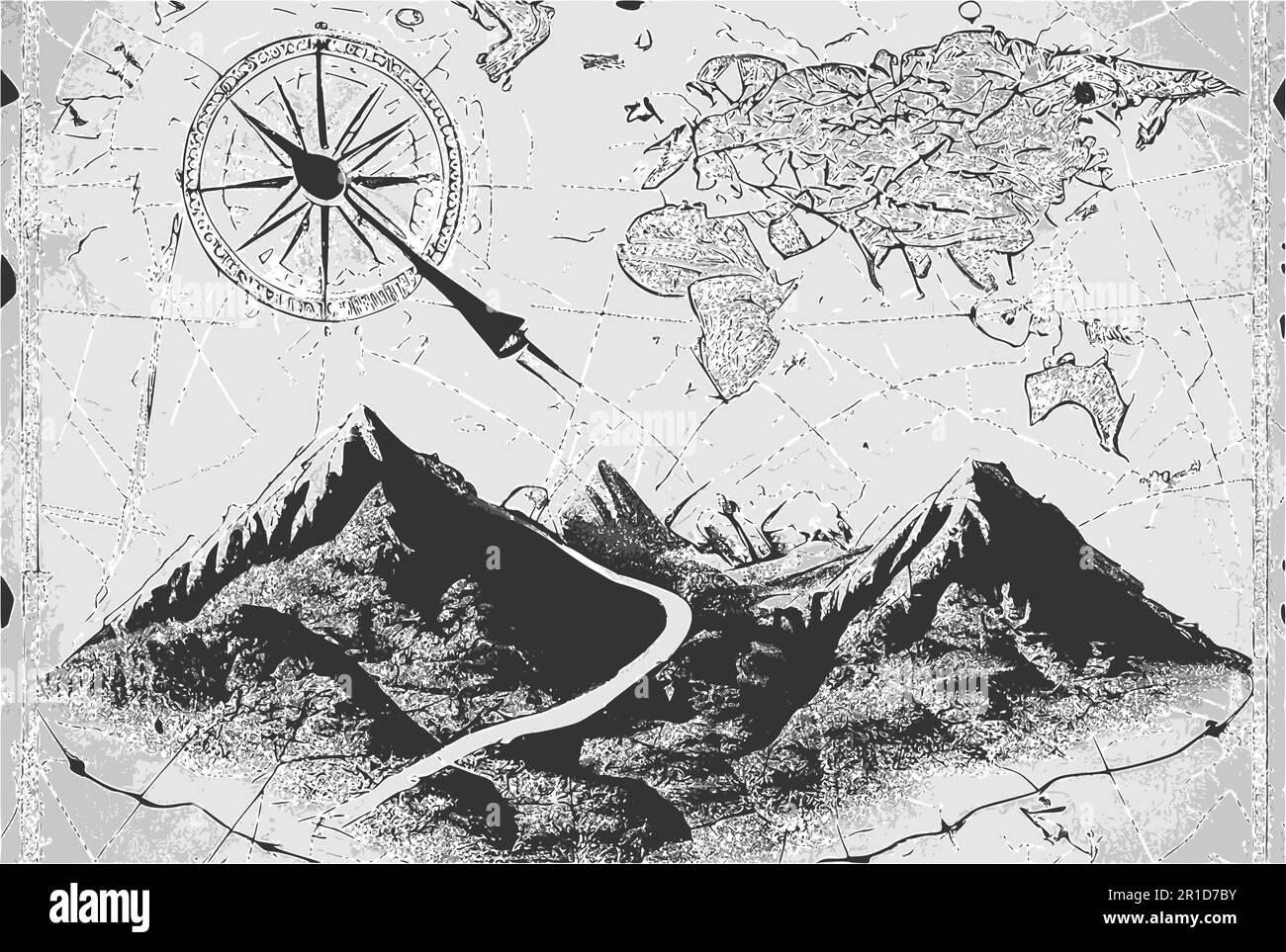 Old map, compass and mountains. Outdoor activity vector background ...