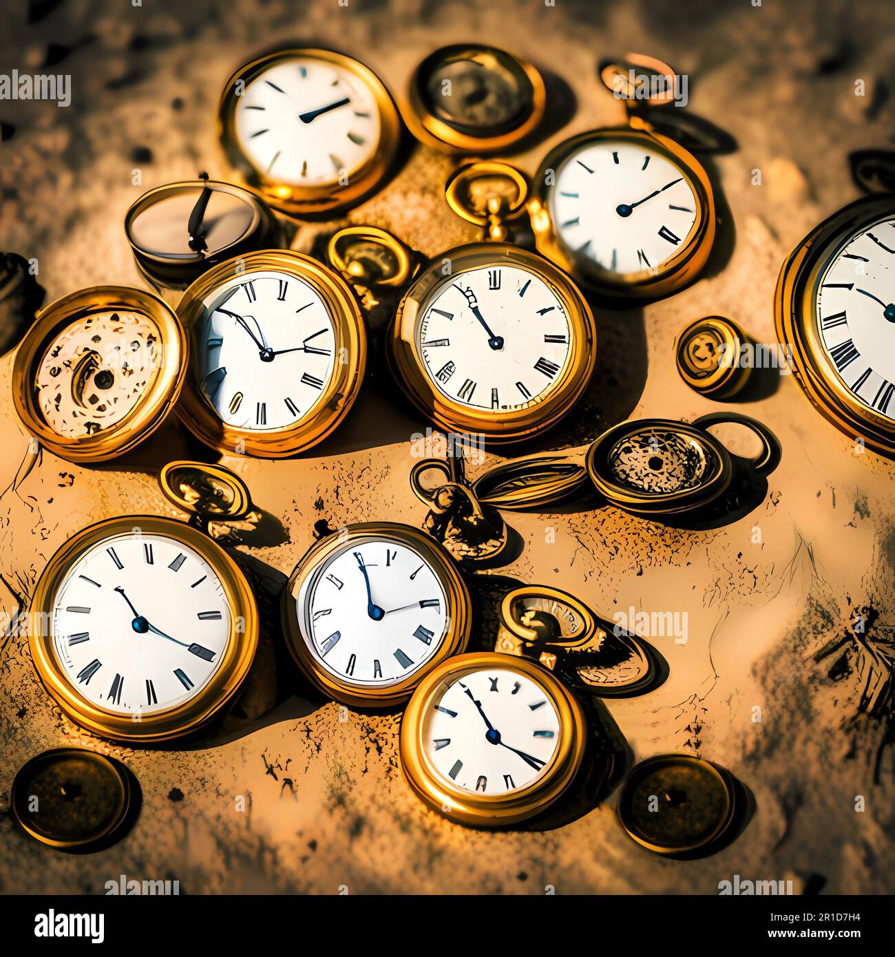 An old golden pocket watch lies on the sand, some of them are ...