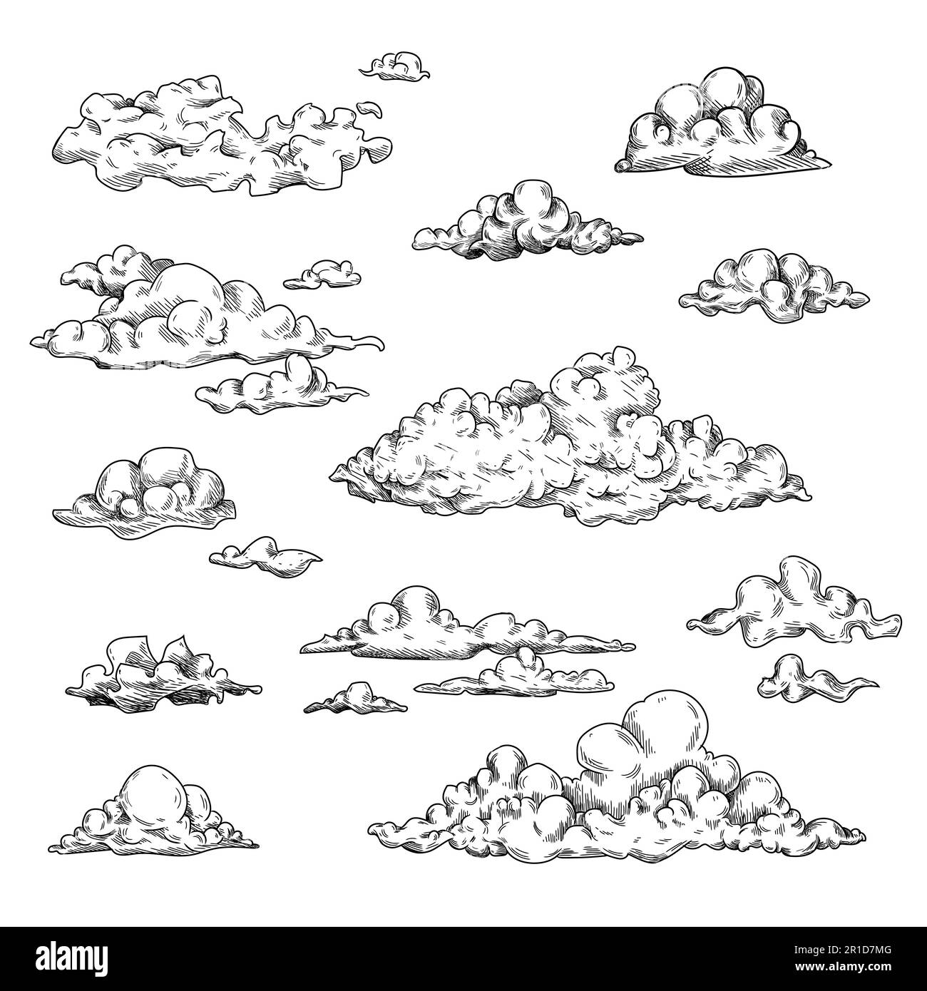 Different shapes of clouds engraved illustrations set Stock Vector ...