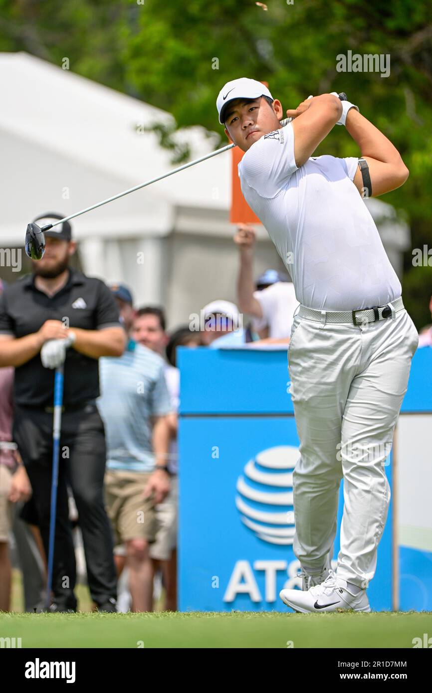 MCKINNEY, TX - MAY 12: Tom Kim (KOR) watches his tee shot on 1 during ...