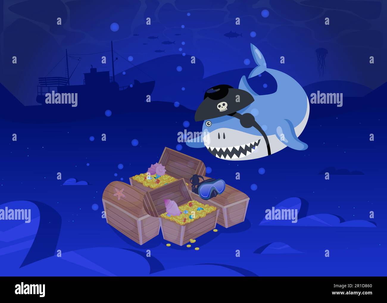 Shark pirate swimming to treasures cartoon vector illustration Stock ...