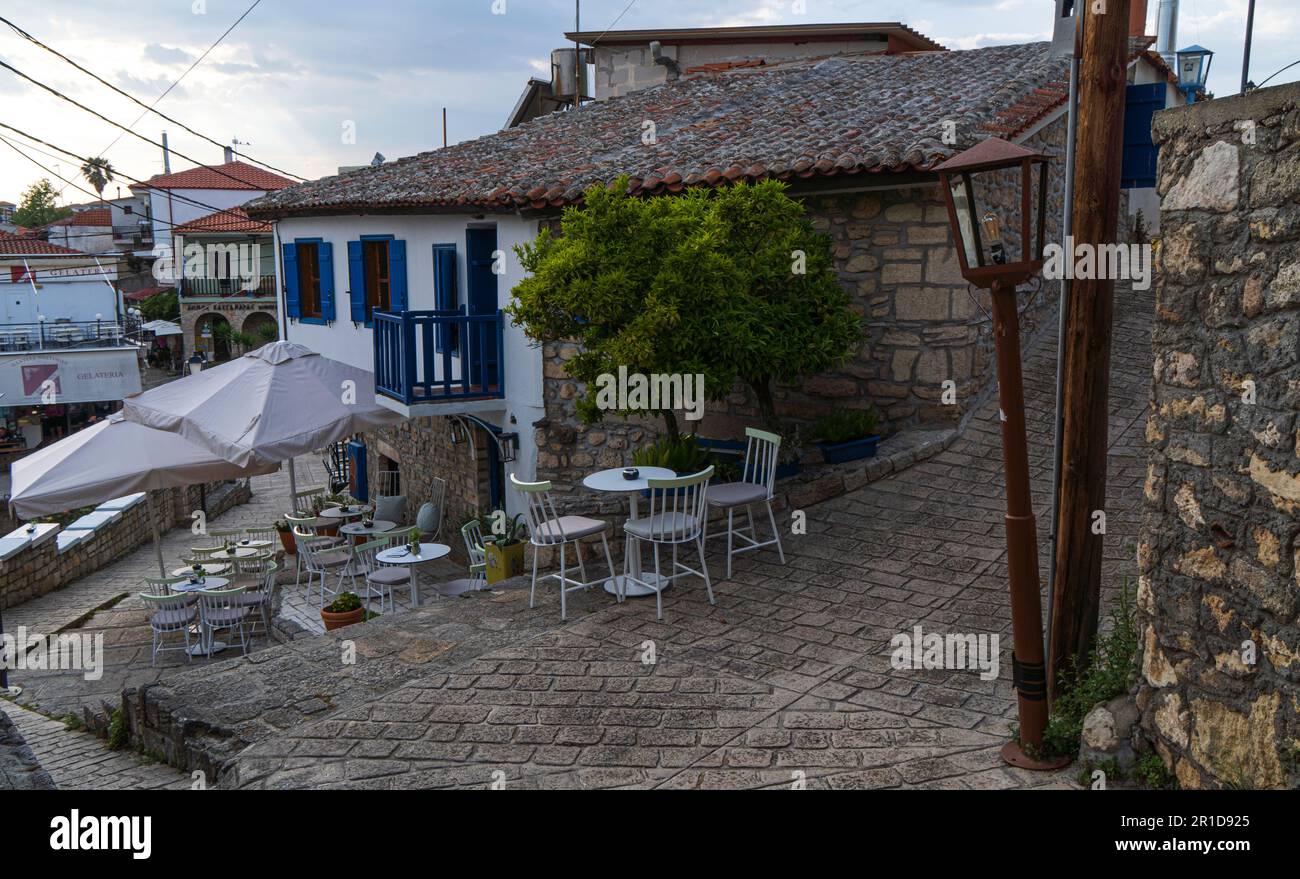 View of the famous Greek resort ancient village of Afytos at sunset ...