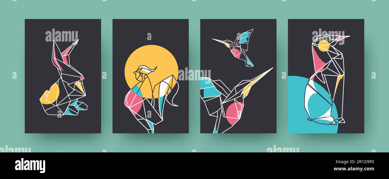 Set of contemporary art posters with origami hare and rooster Stock ...