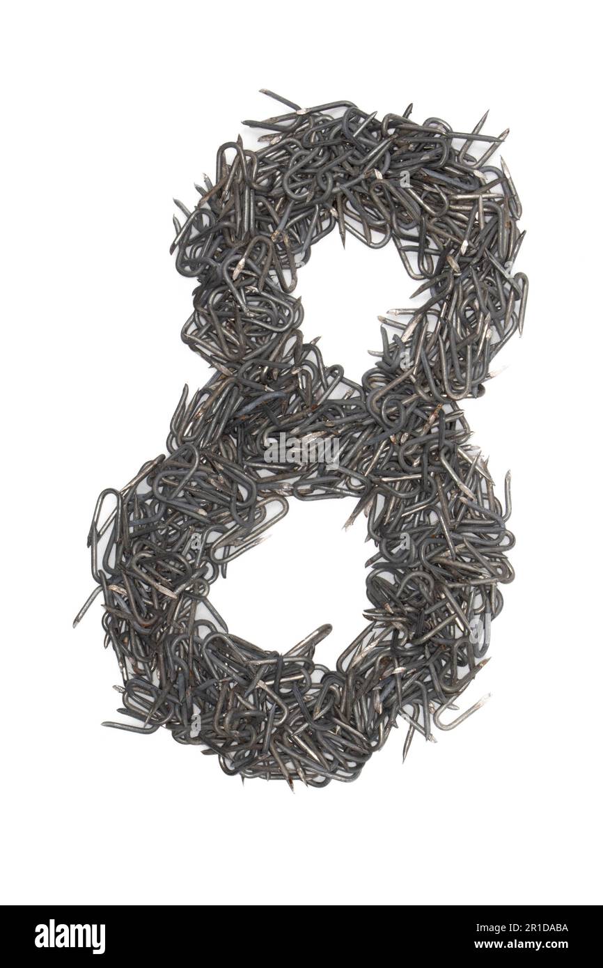 artistic number eight 8 made from steel staples isolated on a white ...