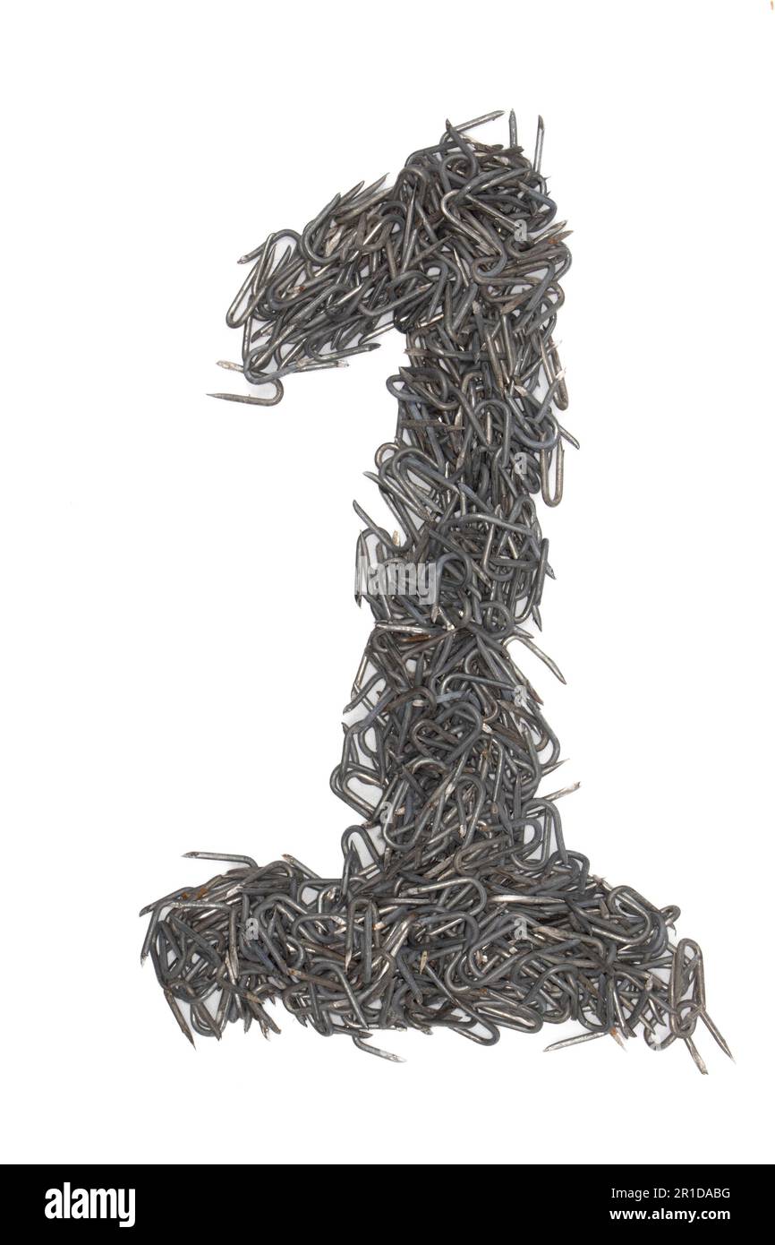 artistic number one 1 made from steel staples isolated on a white ...