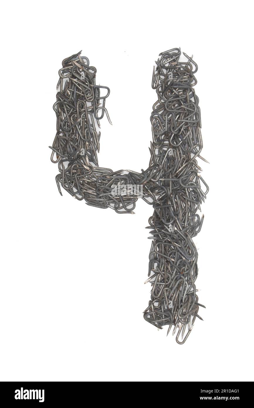 artistic number four 4 made from steel staples isolated on a white ...